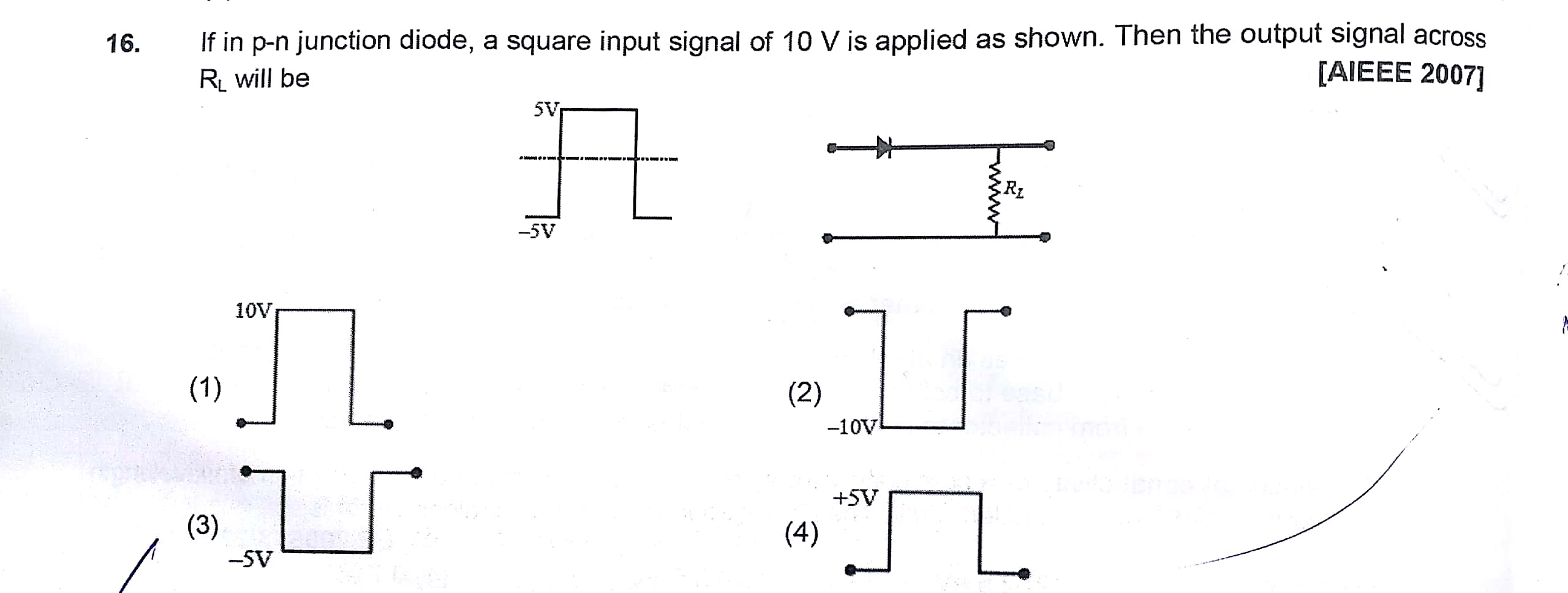 If in p-n junction diode, a square input signal of 10 V is applied as - askIITians